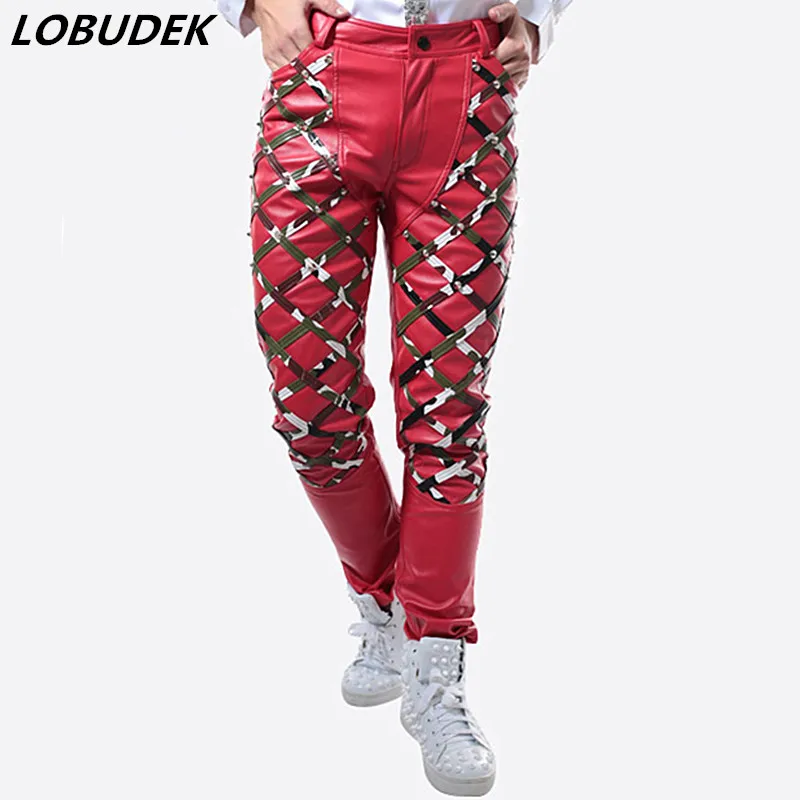 Rock Men Singer Pu Leather Pants Red White Black Rivet Leather Trousers ...