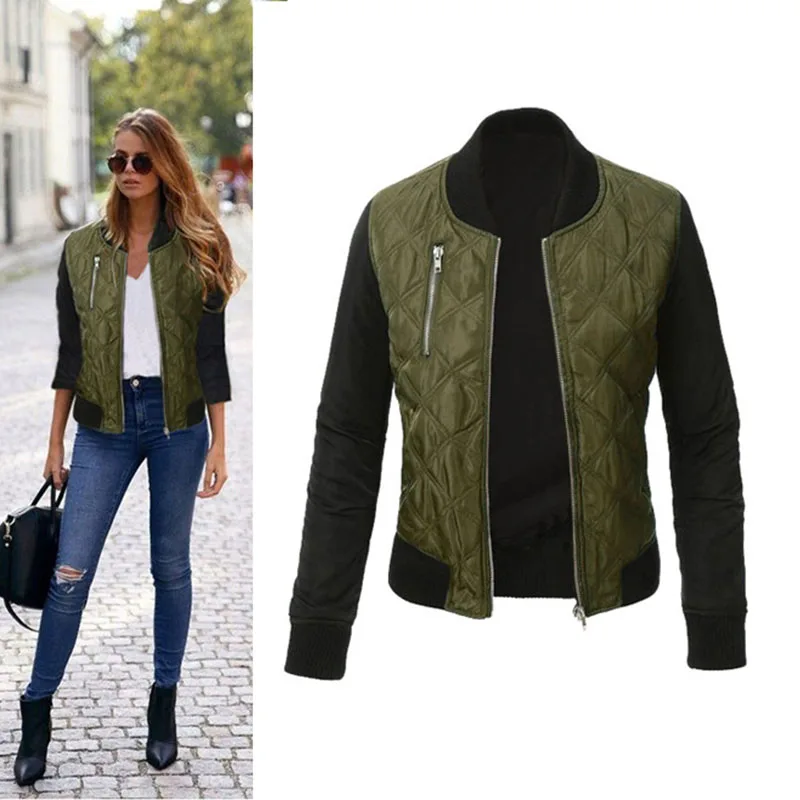 Women Slim Short Jackets Mandarin Collar Spliced Zipper Lozenge Cotton ...