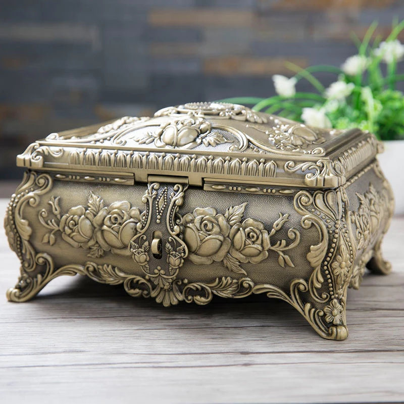 Size Xl Vintage Jewelry Box 2 Layers Metal Art Craft Trinket Box Flower ...