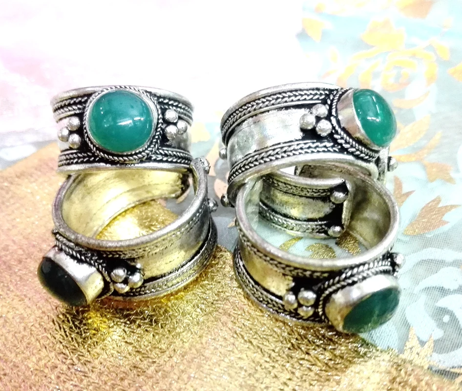 Fashion Jewelry Green Stone Bead Ring Old Tibet Silver Buddhism Nepal ...