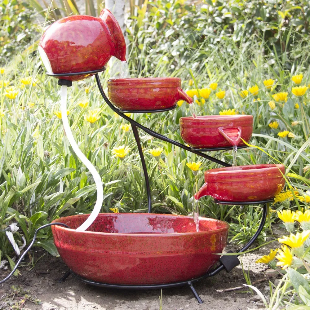 Ceramic Solar Water Fountain Garden Zen Free Standing Weather Red|stand ...