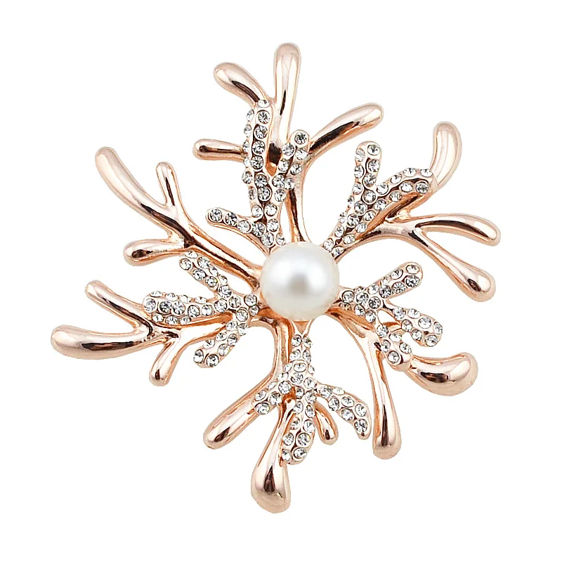B007 Pearl Coral Brooch For Women Gold And Silver Color Rhinestone