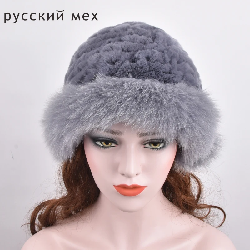 Women Warm Cap Genuine Fur Hats Rex Rabbit fox fur Winter Fur Caps ...