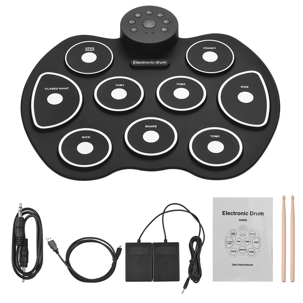 Compact Size USB Roll-Up Silicon Drum Set Digital Electronic Drum Kit 9 ...