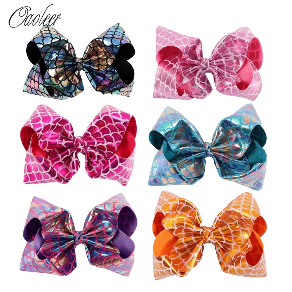 6Pcs/lot 7" Mermaid Hair Bow Hair Clips Girls Glitter Metallic Bows For ...