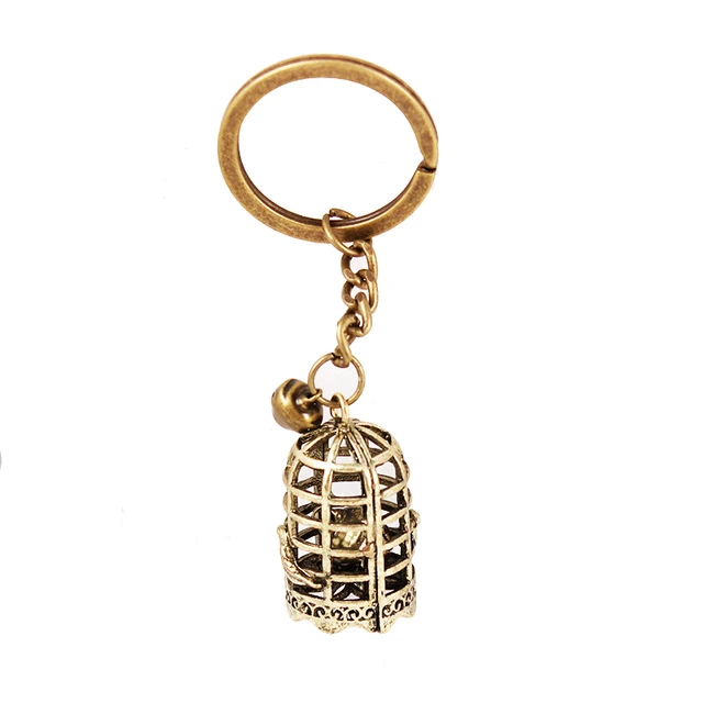 Antique Brass Plated Bird Cage Keychain Pearl Cage Pendant Bell Key ...