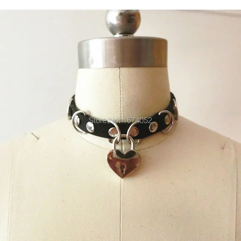 Punk Gothic Heavy D Metal Rivets Handcrafted Leather Choker Collar Heart Locket Lock With Key