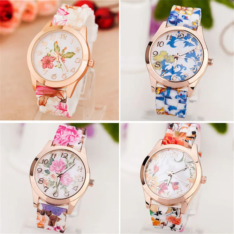 Woman Girl Cute Watch Silicone Printed Flower Causal Quartz ...