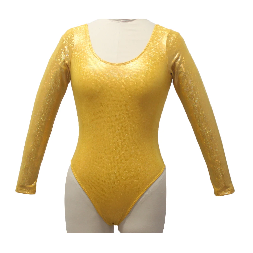 Dancers Choices Shiny Gold Nylonlycra Spotted Laser Pattern Fabric Gymanstic Leotard With Long