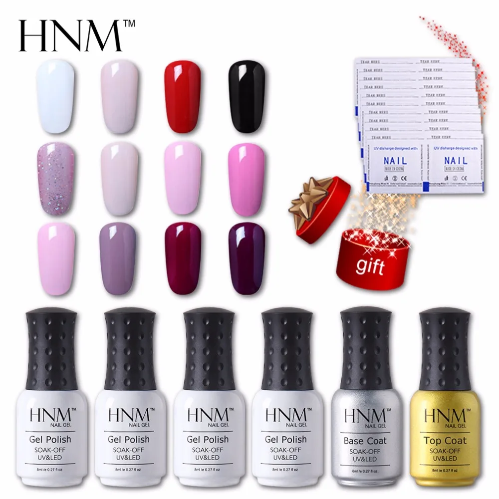 HNM 6Pcs Gel Varnish 4 Color Gell Nai Polish+1 Set Base Top Coat+10pcs ...