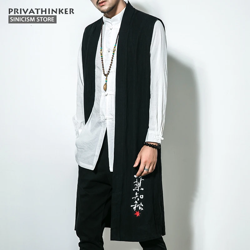 Sinicism Store Size Plus Cotton Linen Sleeveless Vest Men Embroidery