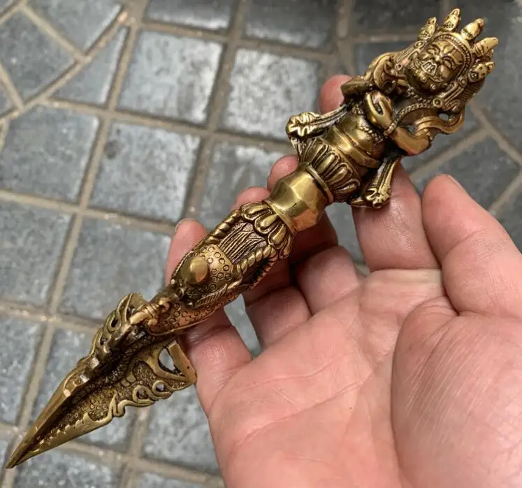 High quality, Tibetan Buddhist brass sculpture, demon lowering pestle ...