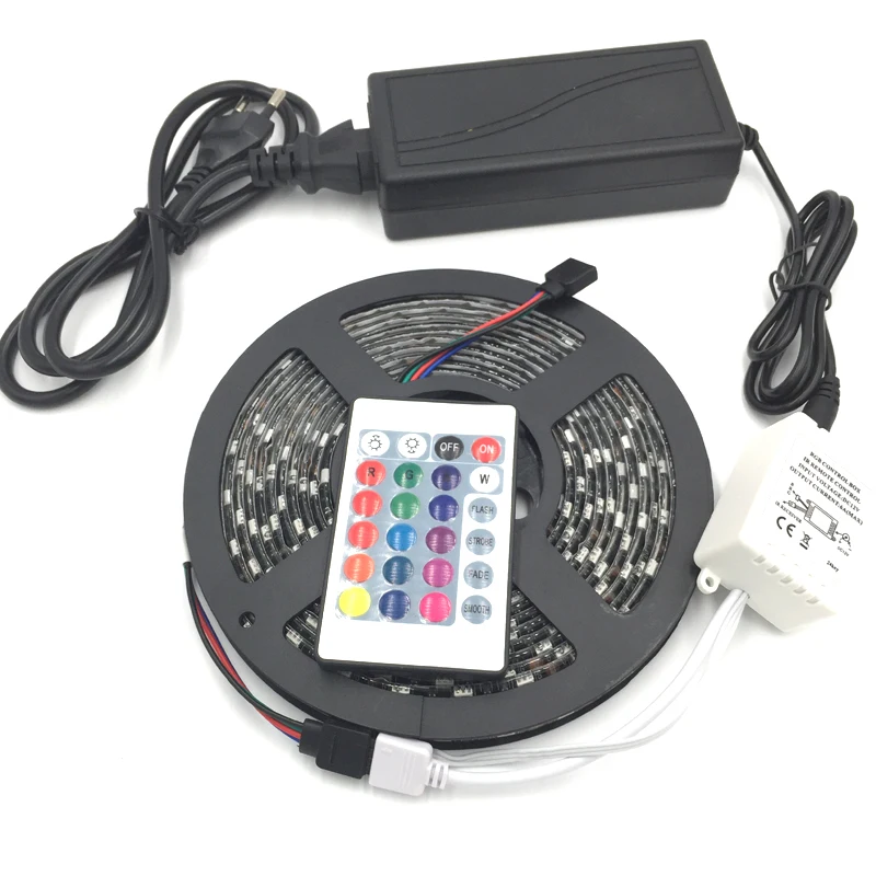 Black pcb 5M 5050 RGB LED Strip 12V IP65 Waterproof 300 LED + 24 keys ...