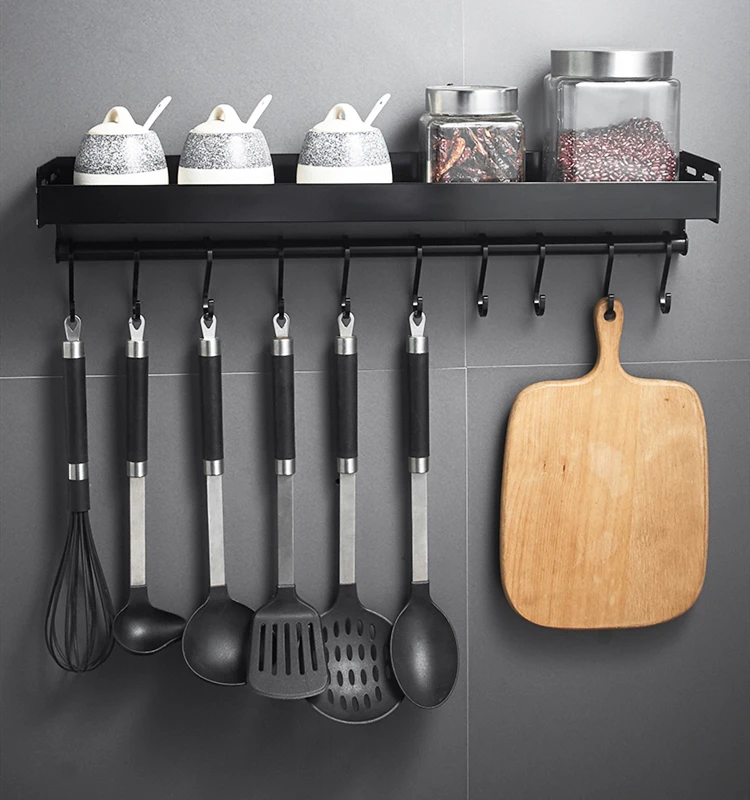 Black Wall Mounted Kitchen Racks with Hooks Space Aluminum Storage ...