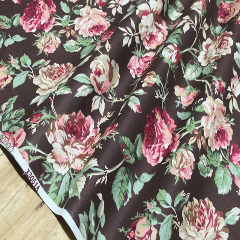 Royal Coffee Big Blooming Rose Flowers Printed Cotton Fabric Floral ...