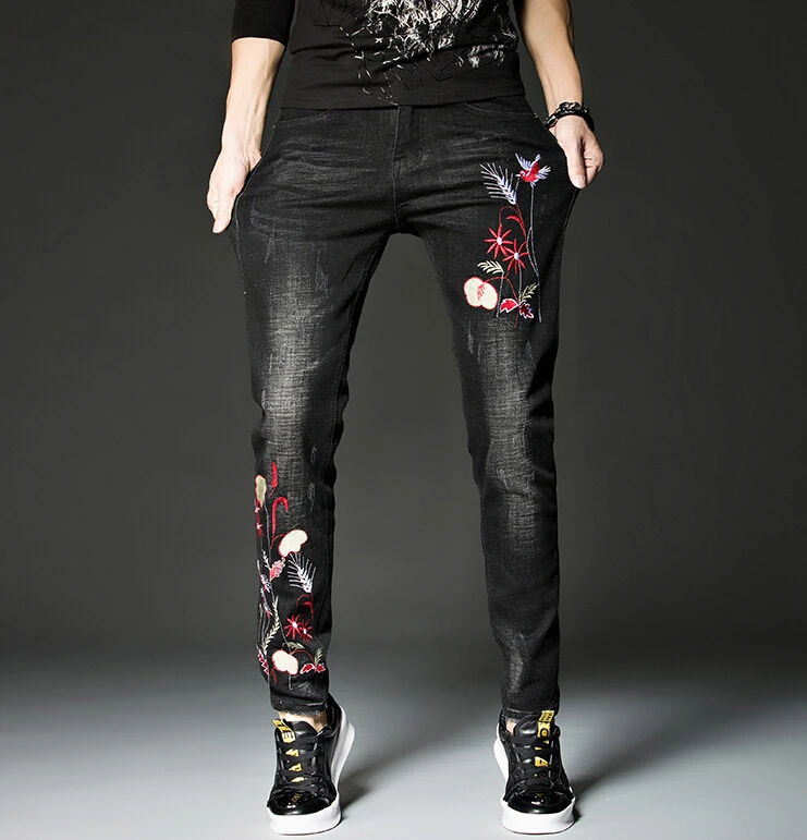 Luxurious design jean with Embroidered flower Stretch jeans W985|Jeans ...