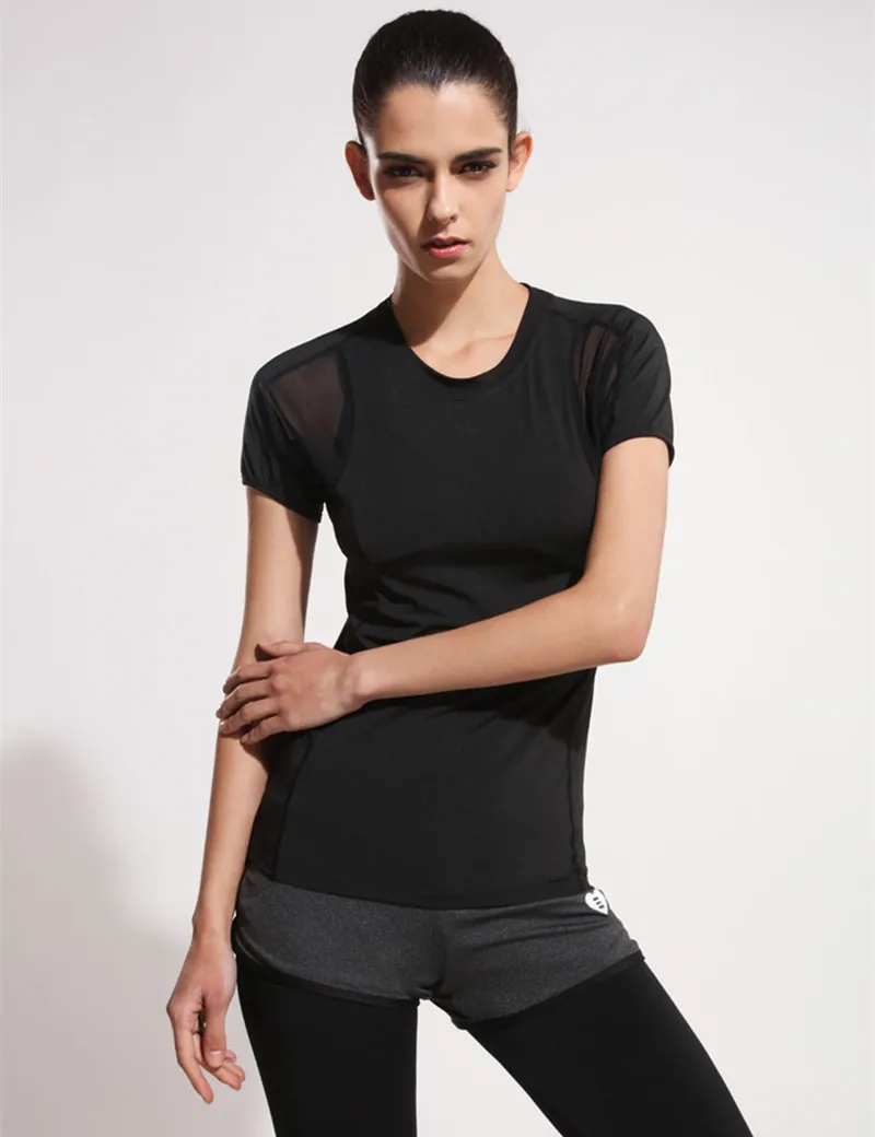 Women Black Short Sleeve Elastic Yoga Mesh Sports T Shirt Fitness Women ...