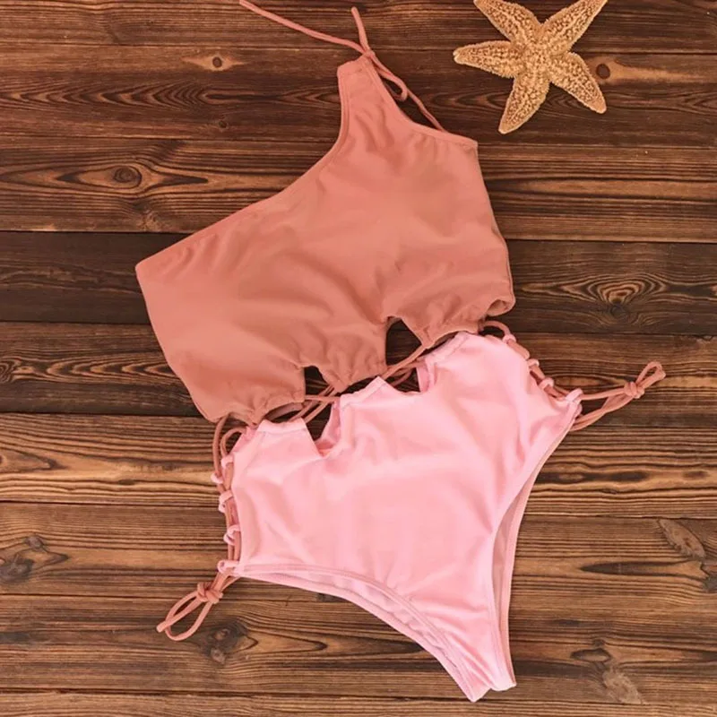 Sexy One Piece Swimsuit Women Rope Weaving Bandage Bodysuit Patchwork
