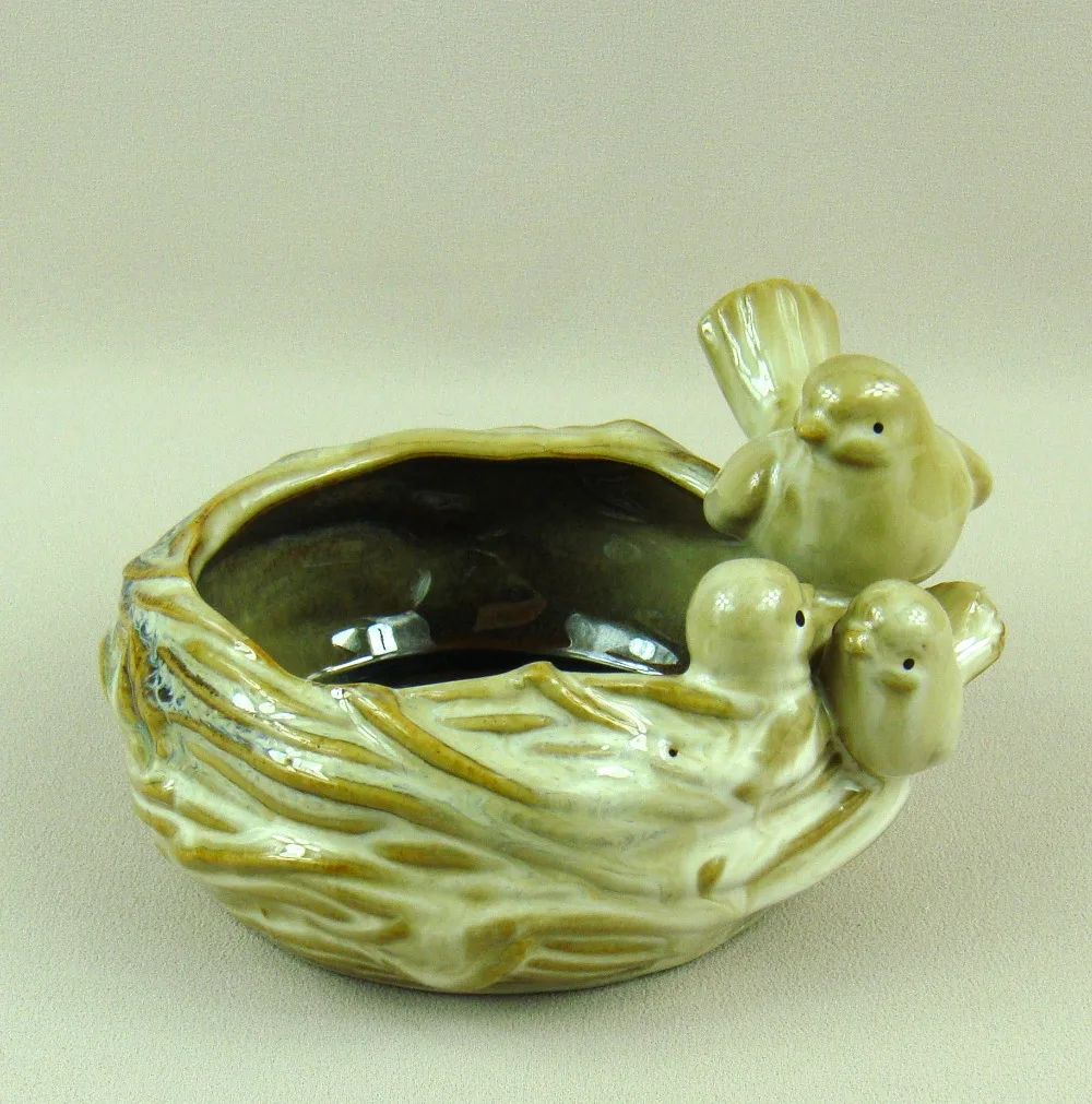 Ceramic Bird's Nest Flower Pot Decor Porcelain Birds Greens Planter ...