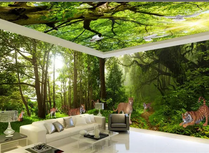 custom-3d-ceiling-wallpaper-The-tiger-lion-forest-mural-Apply-to ...