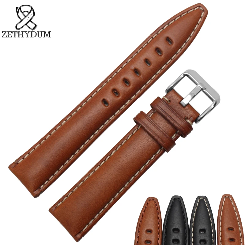 Italian cowhide watch belt 18 20 22 24mm stitched Genuine leather watch ...