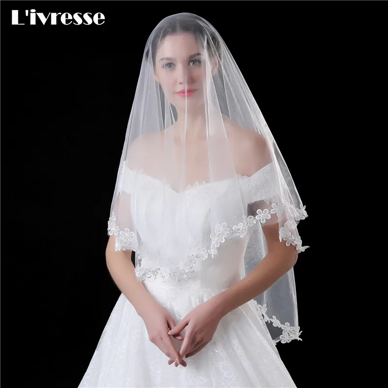 Wedding Veil Short With Lace Edge 2 Layers Bridal Face Veil Voile ...