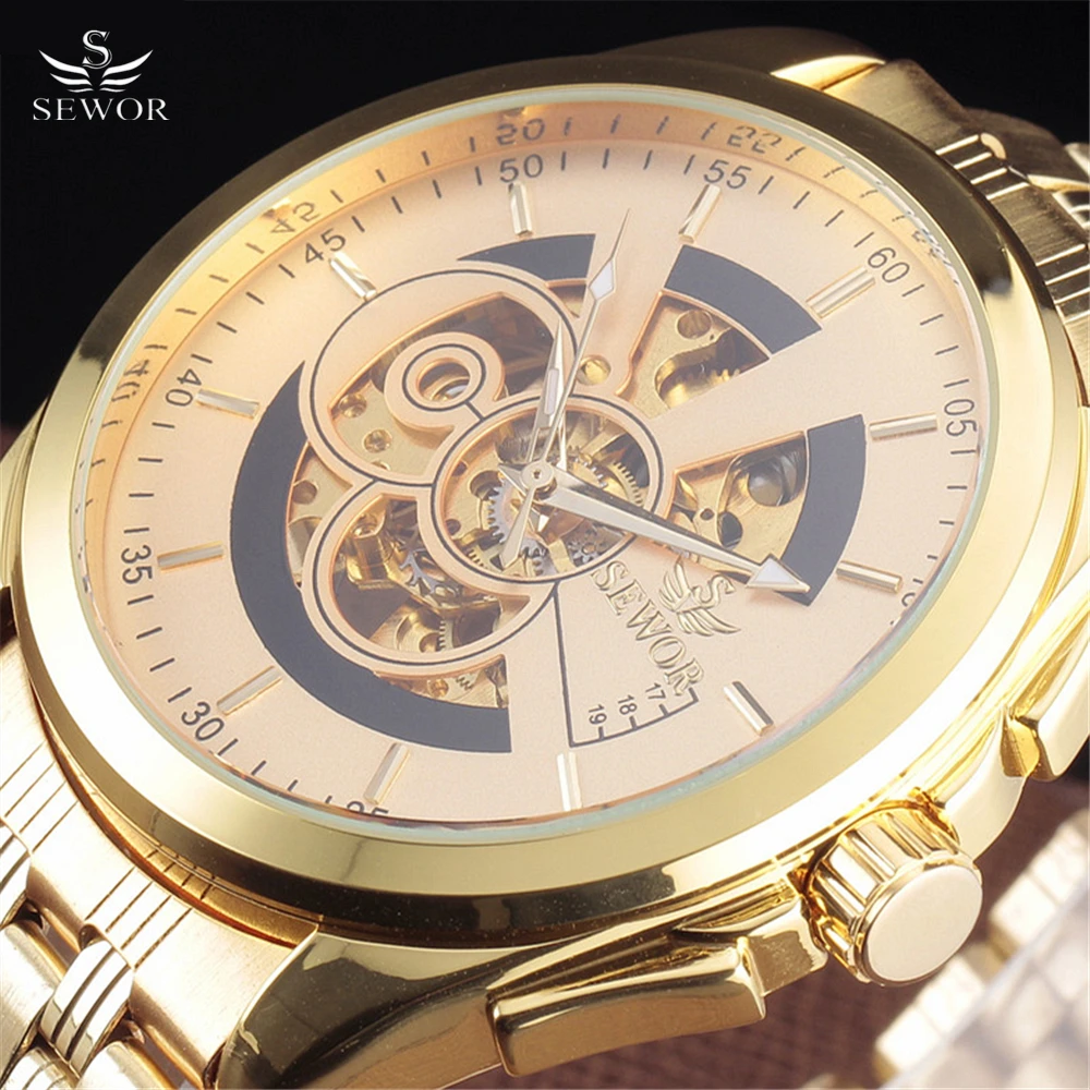 SEWOR Gold Mens Skeleton Mechanical Watch Stainless Steel Automatic ...