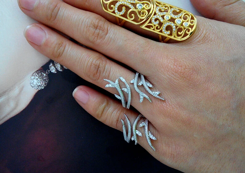 Fashion leaf design CNC CZ Zircon Finger Chain Finger ankle ring leaf ...