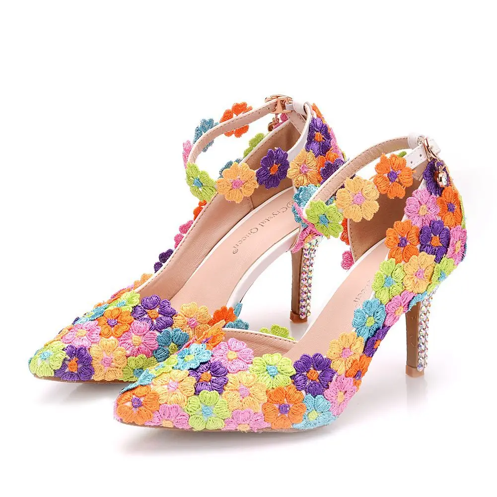 Colorful Lace Flower Wedding Shoes Pointed Toe High Heel Women Sandals ...