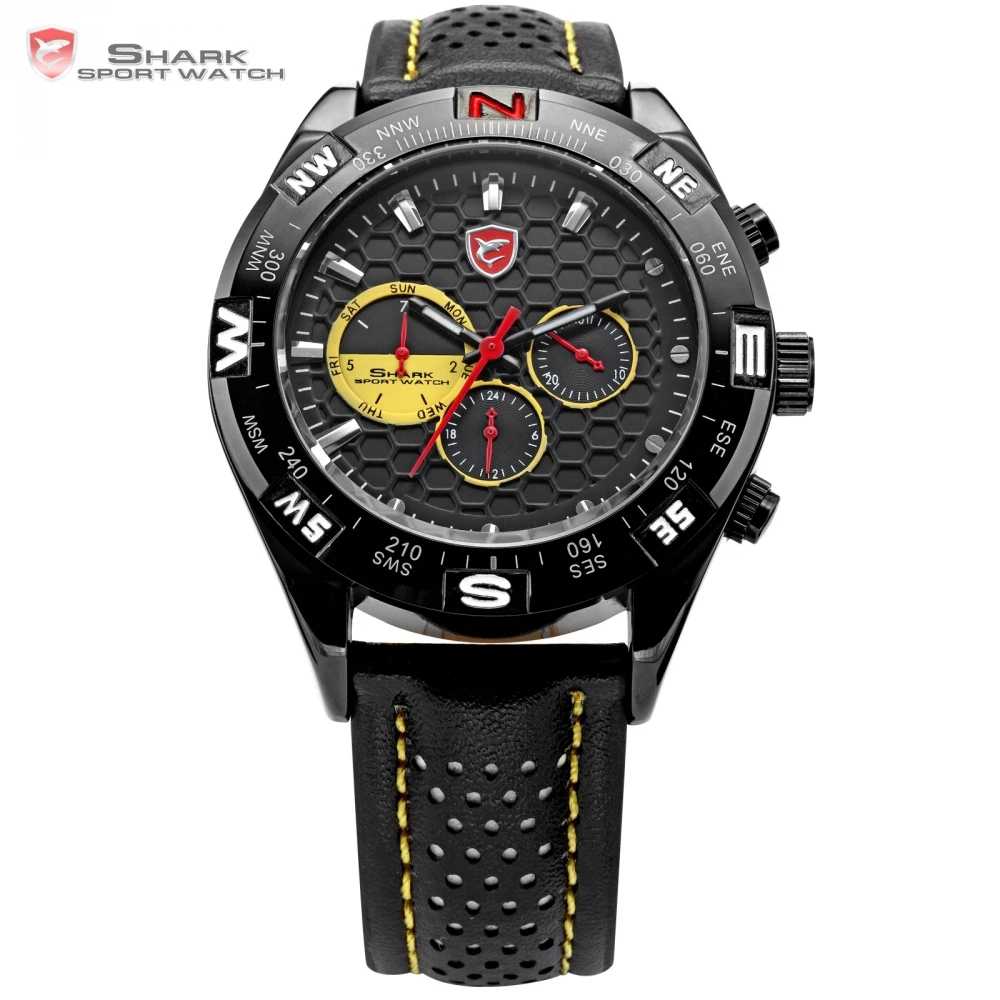 SHARK Sport Watches Men Genuine Leather Strap Date Stainless Steel ...