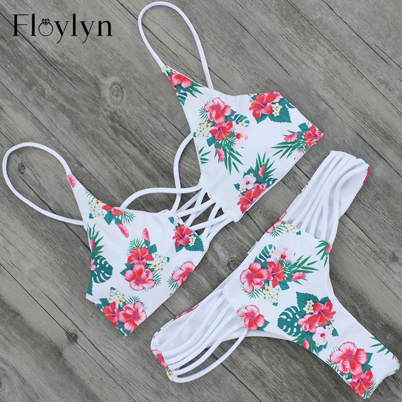 Floylyn Sexy Women Cut Out Floral Print Bikini Set Bandage Bikini