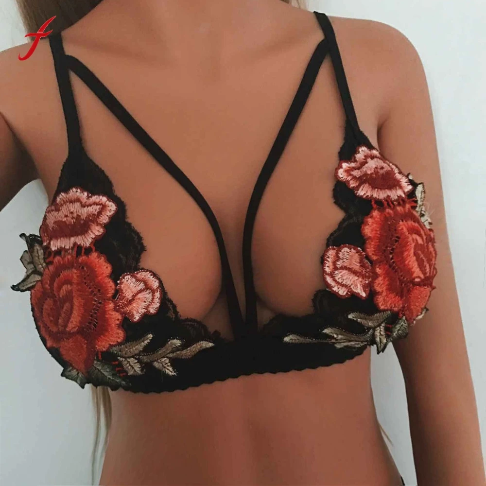Sexy Women Lace Embroidered Appliques Floral Bralette Three Quarters