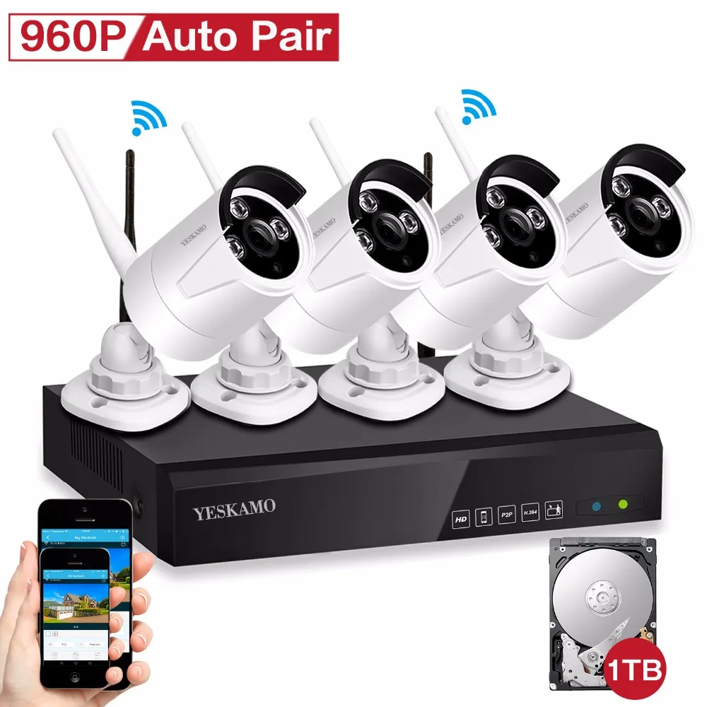 YESKAMO 4CH Wireless Security Camera System 960P Outdoor CCTV ...