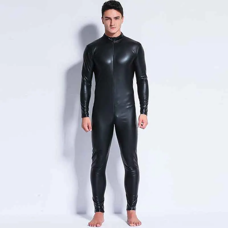 Men's Body Suits Fetish Black Faux Leather Short Sleeve Zipper Lingerie ...