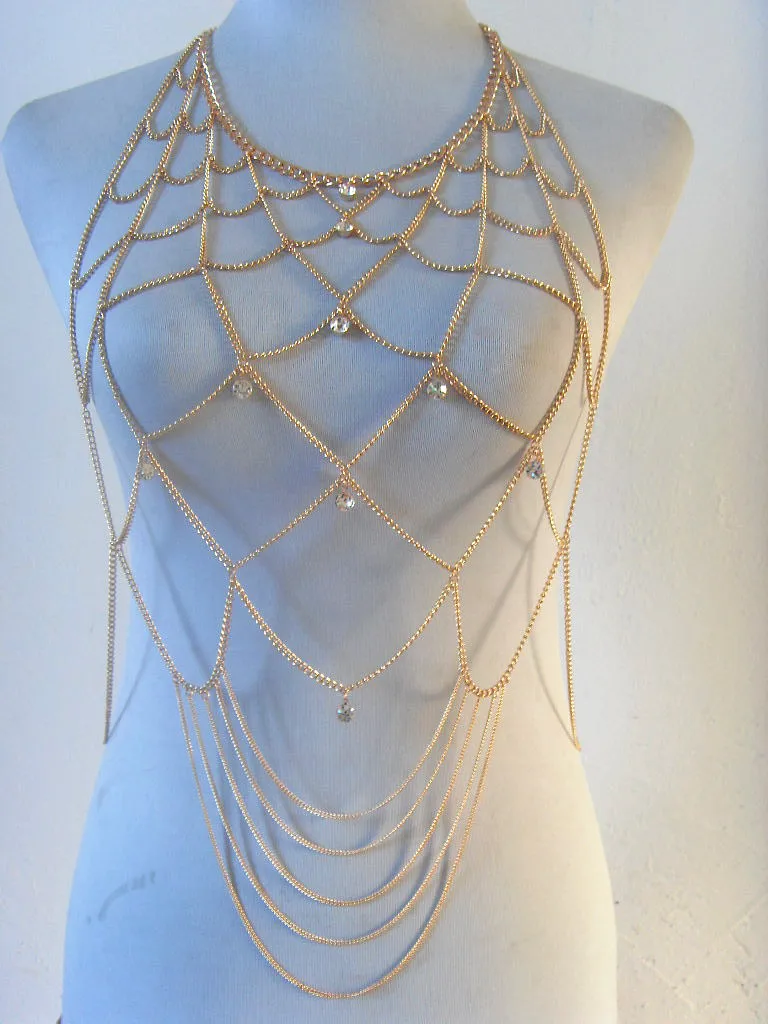 New Women Long Layer Gold Rhinestone Body Chain Pendant Jewelry Harness