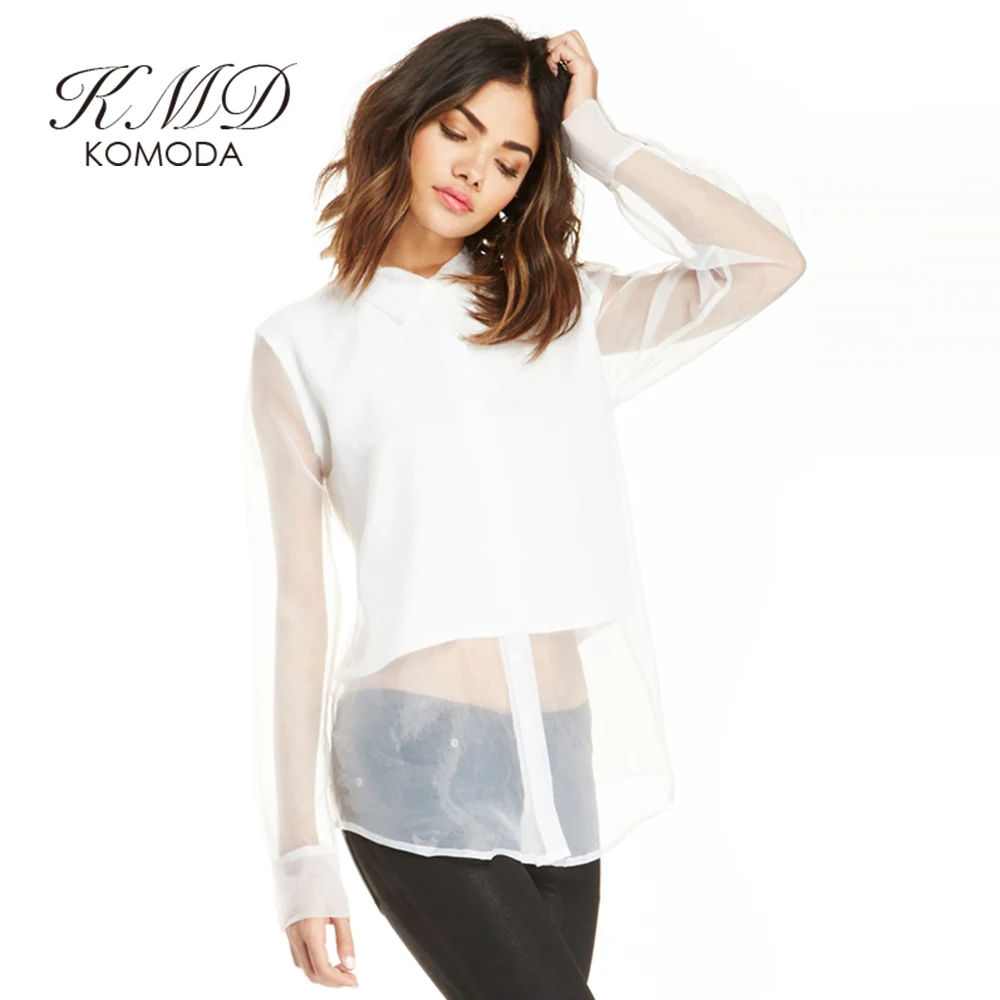 Kmd Komoda White Sheer Blouses Shirt Women Patchwork Sexy Top Female