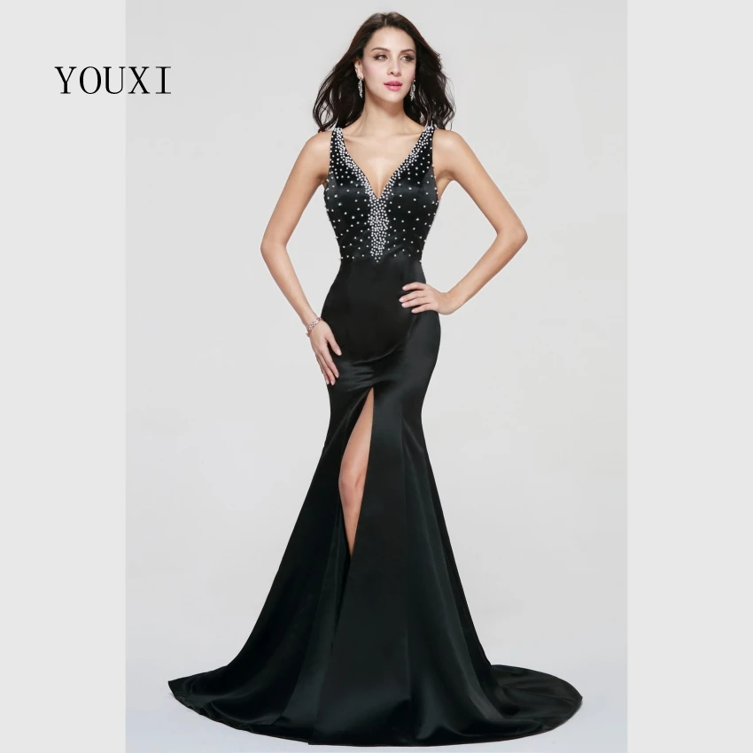 Sexy V Neck Long Evening Dresses 2019 New Black Satin Beaded Crystal