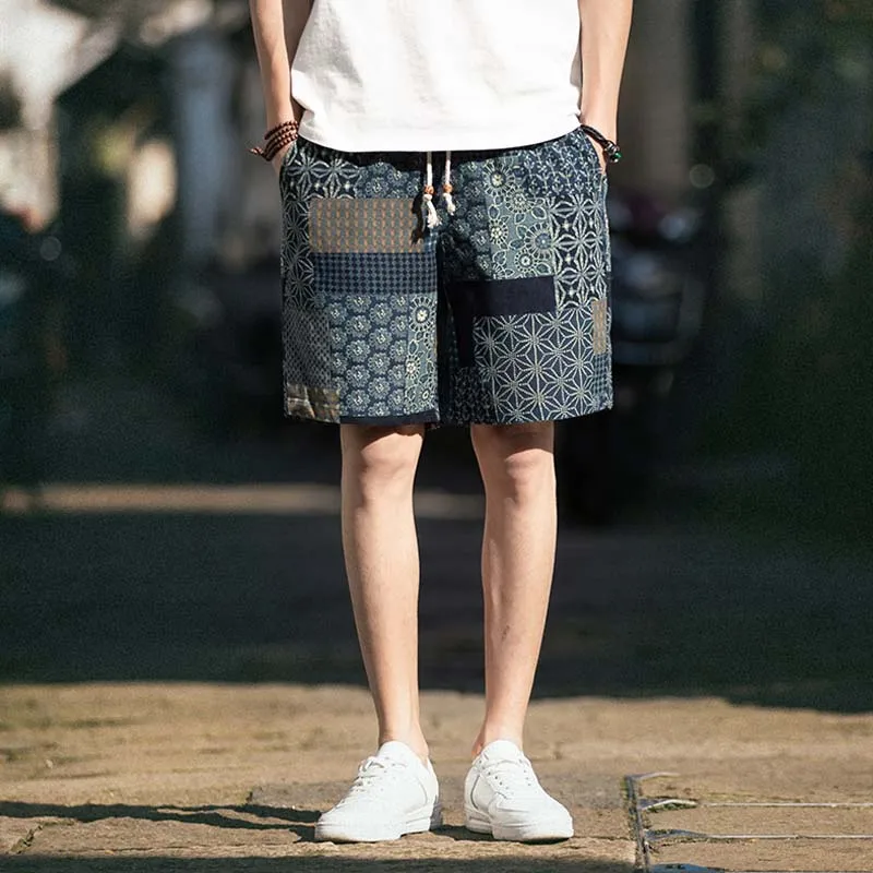 Short en lin japonais pour homme - Streetwear imprimé avec cordon de ...