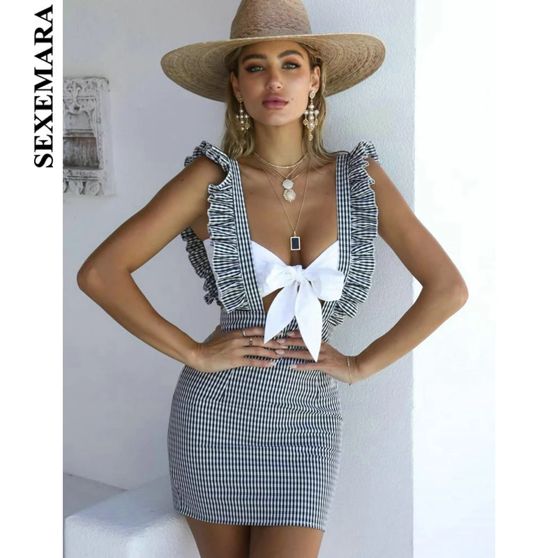 Boofeenaa Ruffle Plaid Mini Skirt British Style High Waist Bodycon