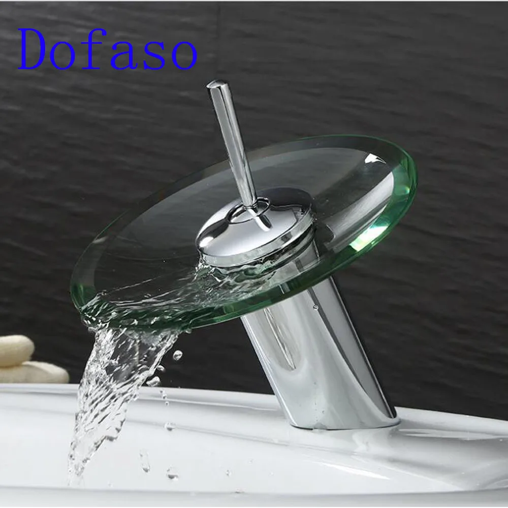 Dofaso Bathroom Waterfall Glass Faucet Chrome Finish Basin Faucet Bath Sink Glass Mixer Tap Deck