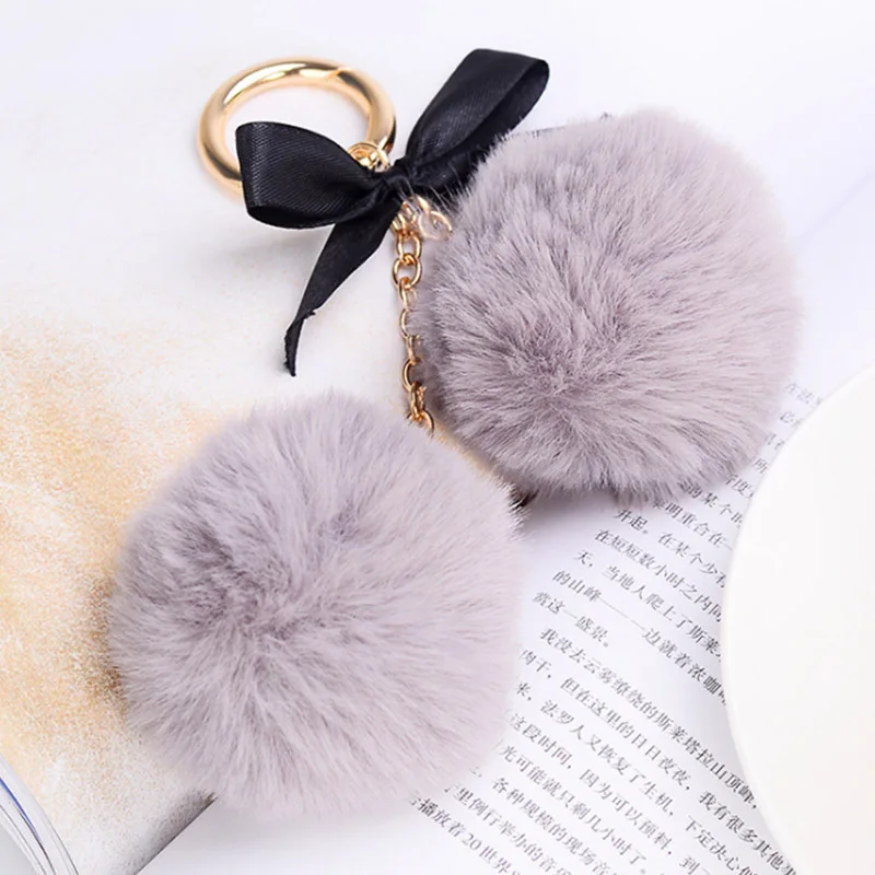 Fluffy Rabbit Fur Ball KeyChain Key Holder Women Bowknot Pom Pom Key ...