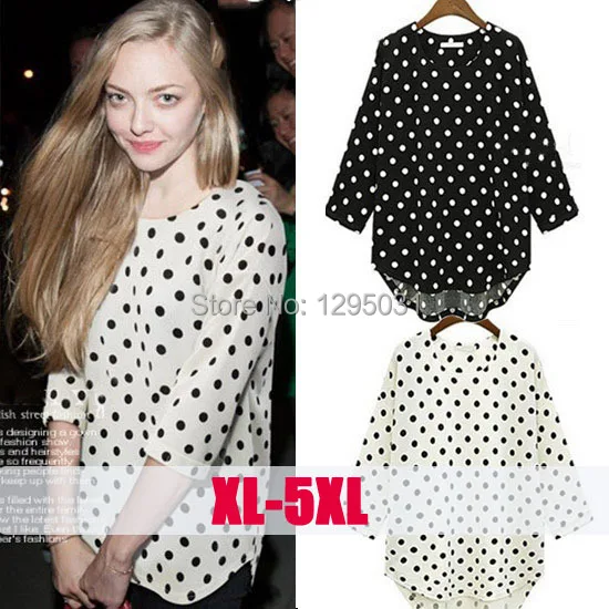 Women Blouse 2015 Summer Casual Loose Polka Dot Long Section Chiffon ...