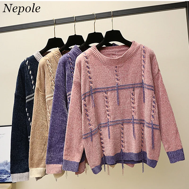 Neploe Lace Up Color Patchwork Women Pullover 2019 Fashion Casual Loose