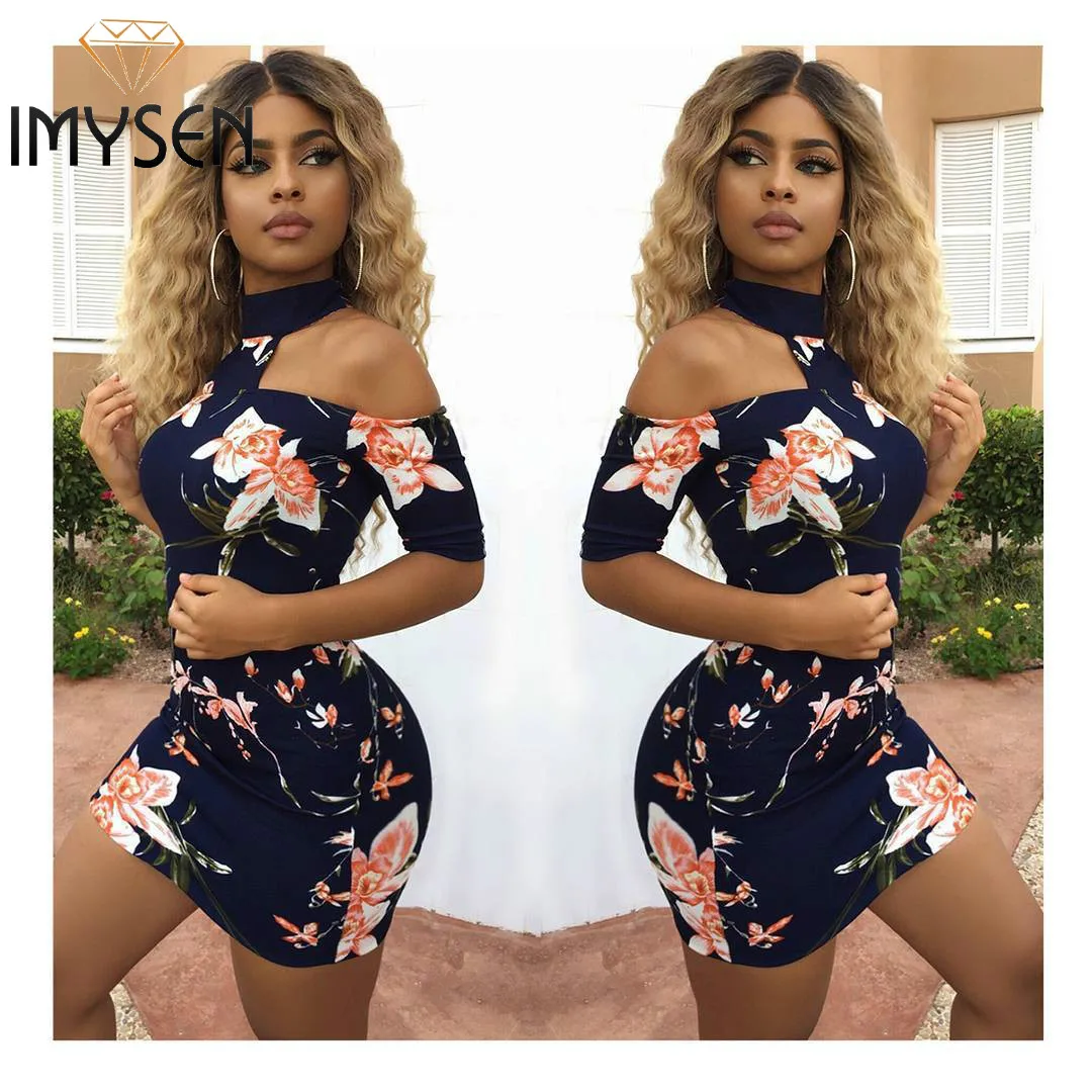 Imysen Summer Autumn Women Fashion Print Dress Sexy Halter Off Shoulder