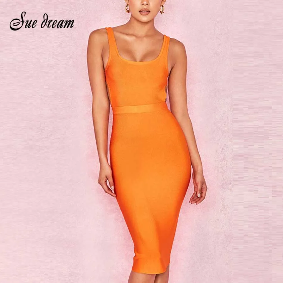 2018 Womens Bandage Dress New Shelves Summer Sexy Orange Hollow Cut