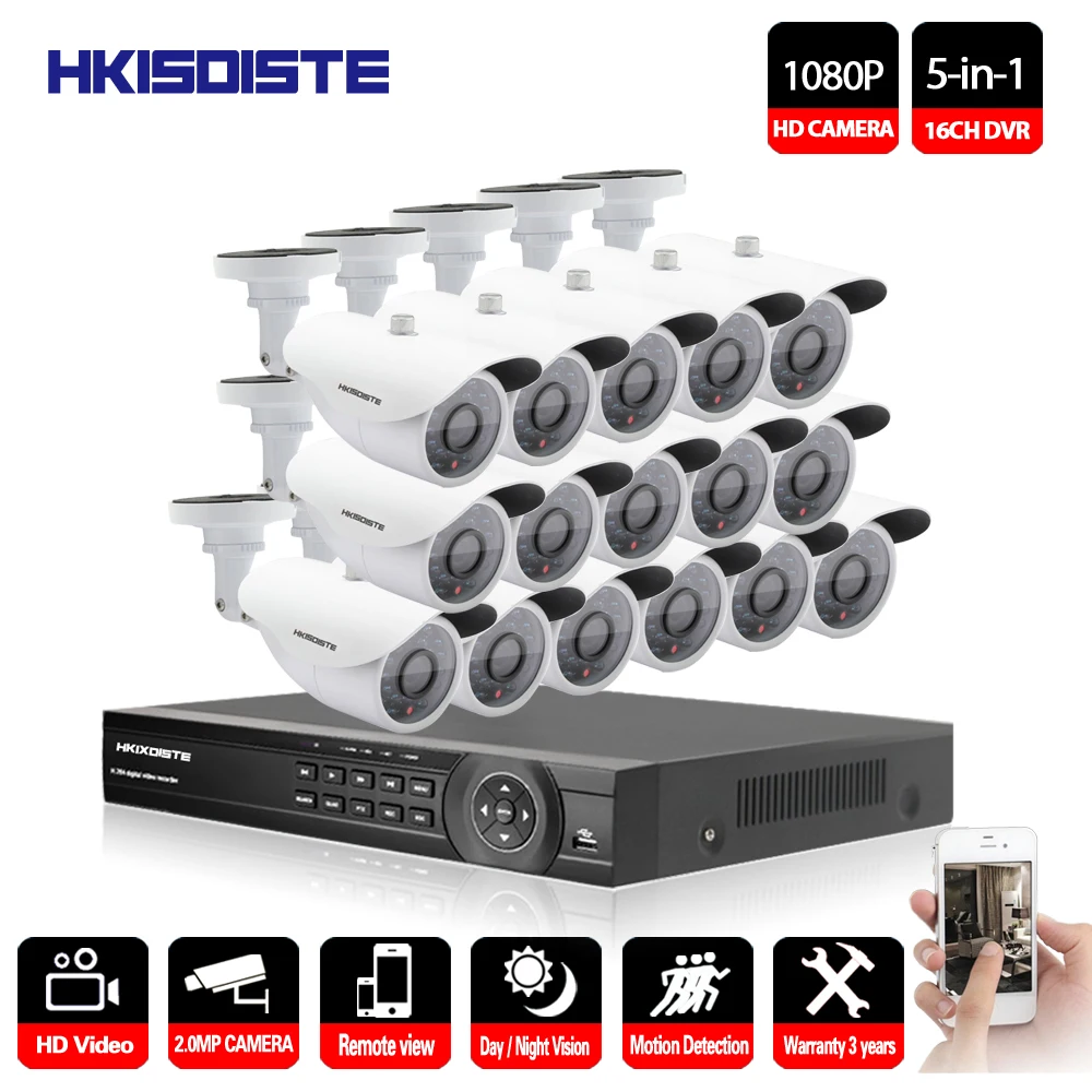 HKIXDISTE HD 16CH CCTV System 16 Channel 1080P DVR 16PCS 2.0MP Bullet ...