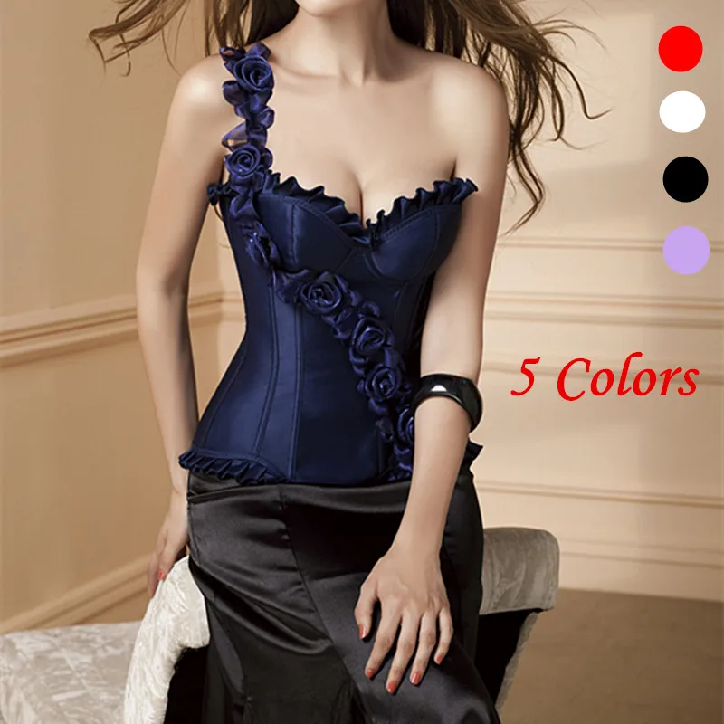 2016 Hot Women One Shoulder Boned Bustier Top Lace Up Burlesque Flower