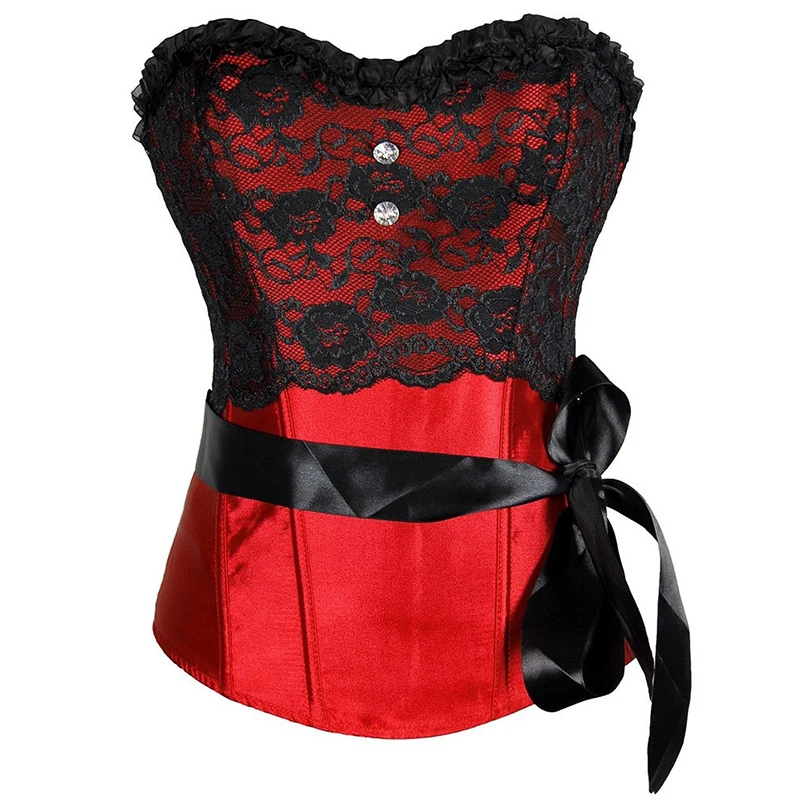 NEW Sexy Bow Lace Red Corset Suspender Lace up Boned Overbust Waist ...