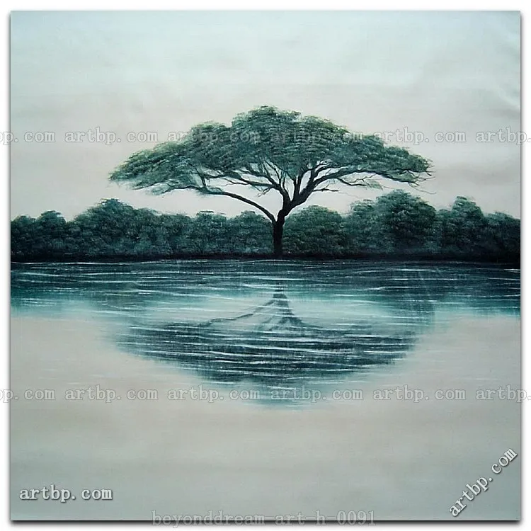 Tree Silhouette And Reflection In Water Oil Painting Contemporary ...