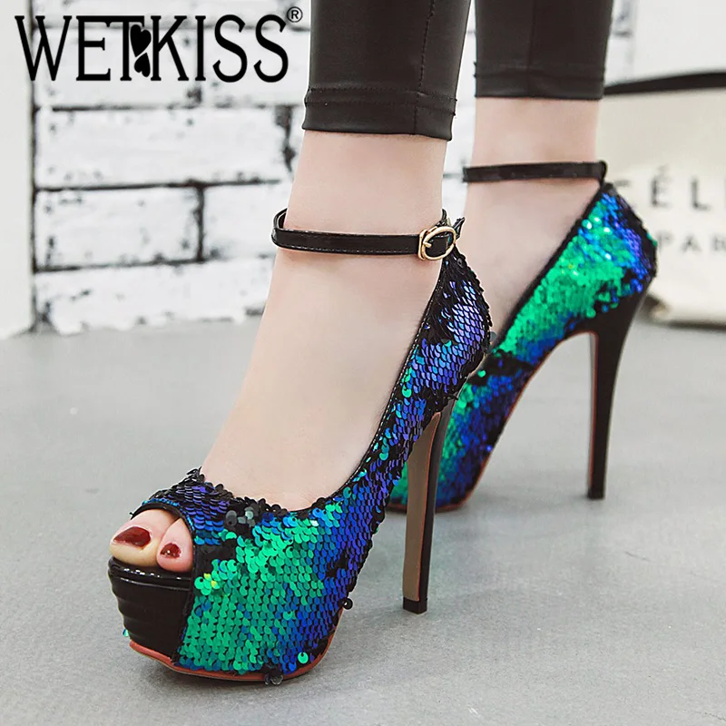 Wetkiss 하이힐 플랫폼 펌프 여성 들여다 발가락 신발 스팽글 천으로 신발 여성 발목 스트랩 웨딩 신발 여성 여름여성용